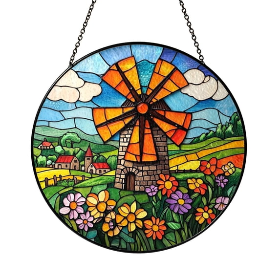 Countryside Windmill Floral Stained Glass Window Art Suncatcher2101 ...