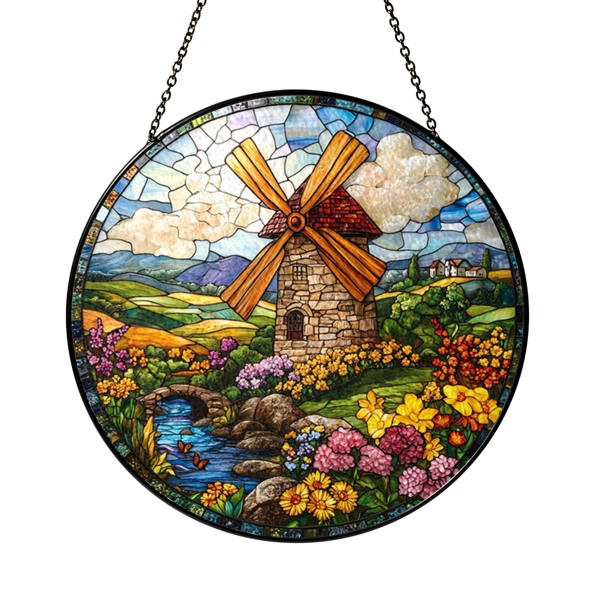 Countryside Windmill Floral Stained Glass Window Art Suncatcher ...