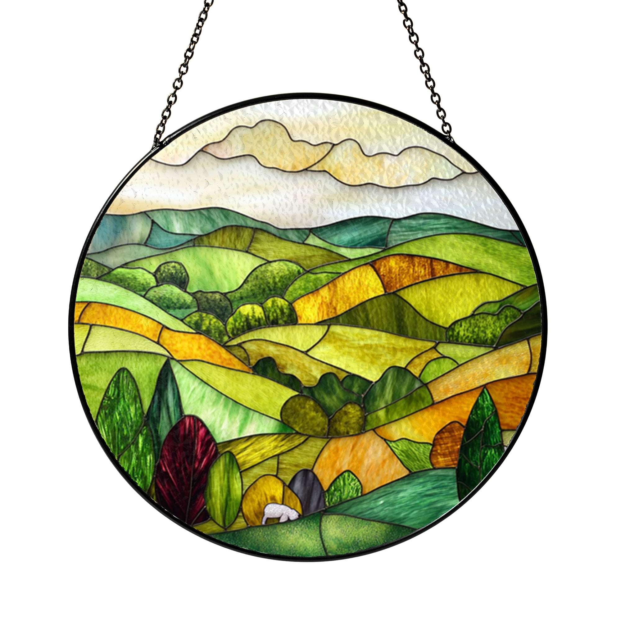 Countryside hills stained style panel, nature window hanging ornament ...