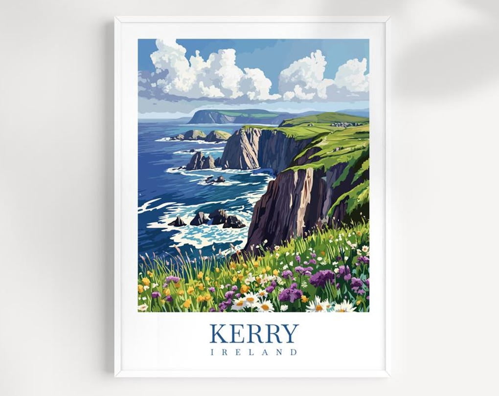 County Kerry Ireland Travel Print Wall Art – Illustrated Landscape ...