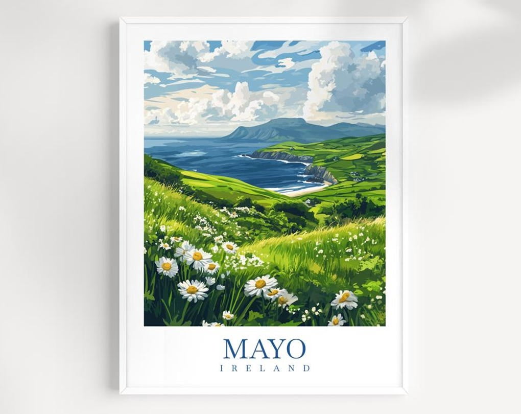 County Mayo Ireland Travel Print Wall Art – Illustrated Coastal ...
