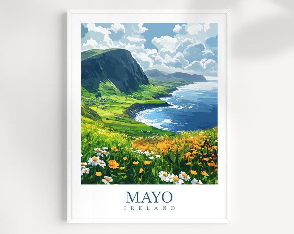 County Mayo Ireland Travel Print Wall Art – Illustrated Coastal ...