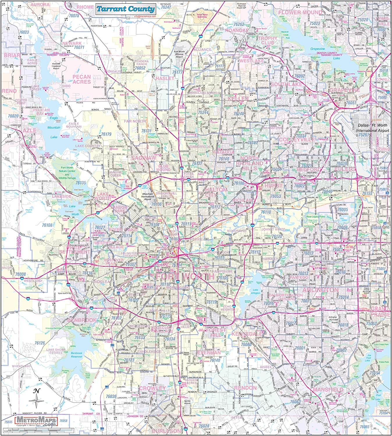 County TX (Fort Worth) Detailed Arterial Wall Map (36"x40") w/Zip Codes ...