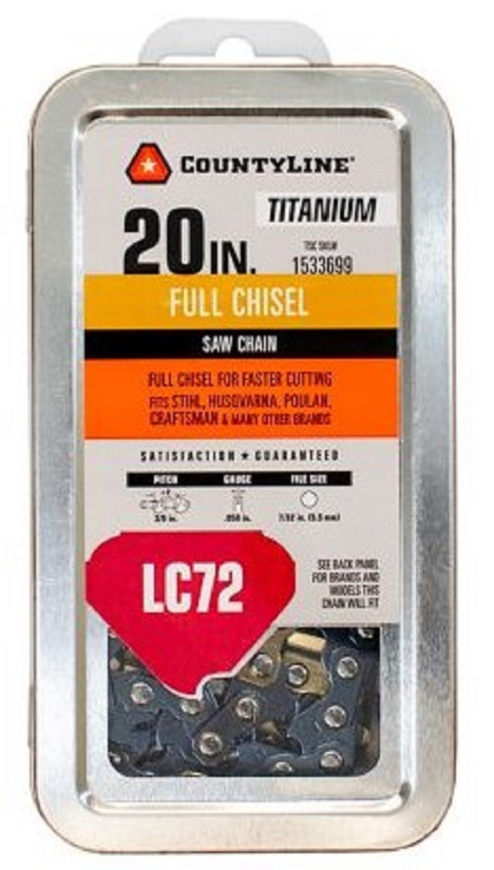 CountyLine T85072NSTSC 20 Inch Saw Chainsaw Chain, 72 Link Titanium ...