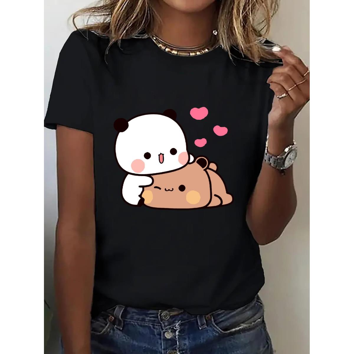 Couple Bear Hug and Heart Print T-Shirt for Women - Casual Sports Style ...