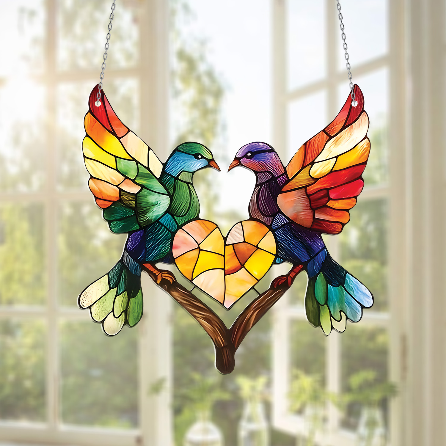 Couple of Birds Window Hanging, Beautiful Bird Pair Design with Flowers ...