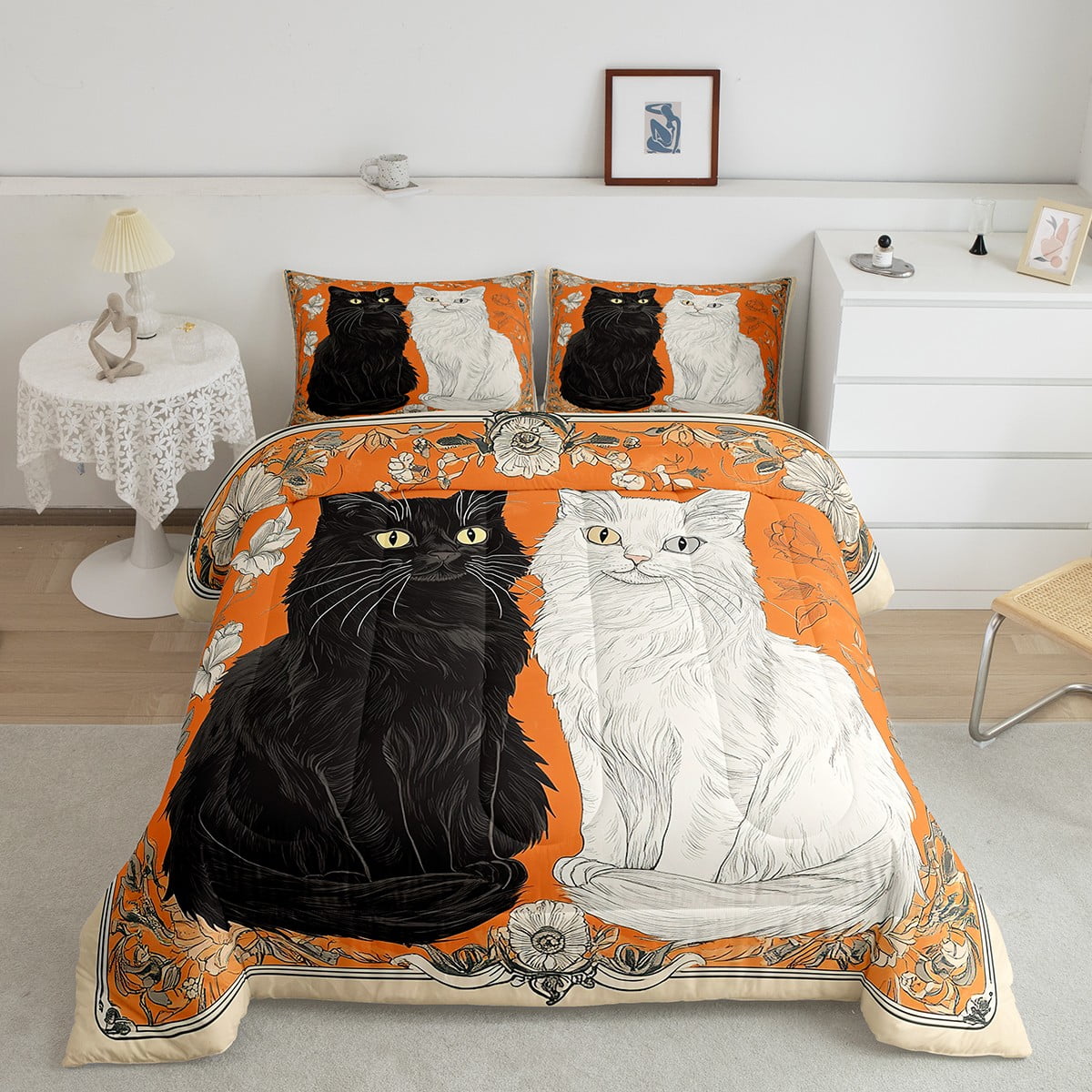 Couple Cat Comforter Set King Size,European Style Botanical Flowers ...