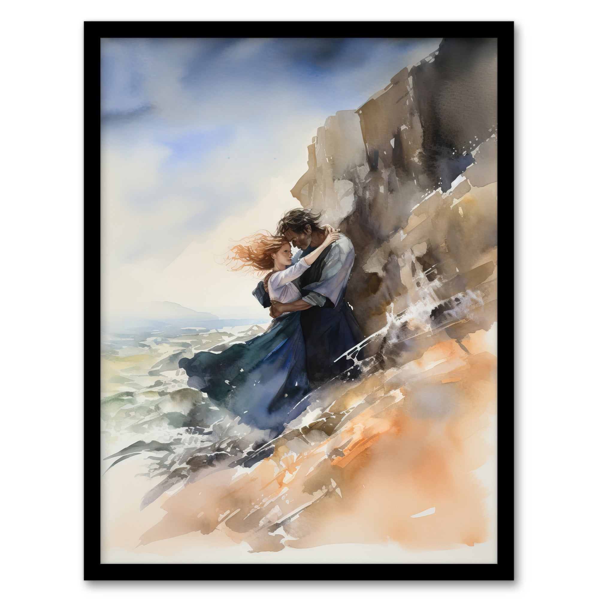 Couple Embrace In Dramatic Coastal Cliff Landscape Watercolour Painting ...
