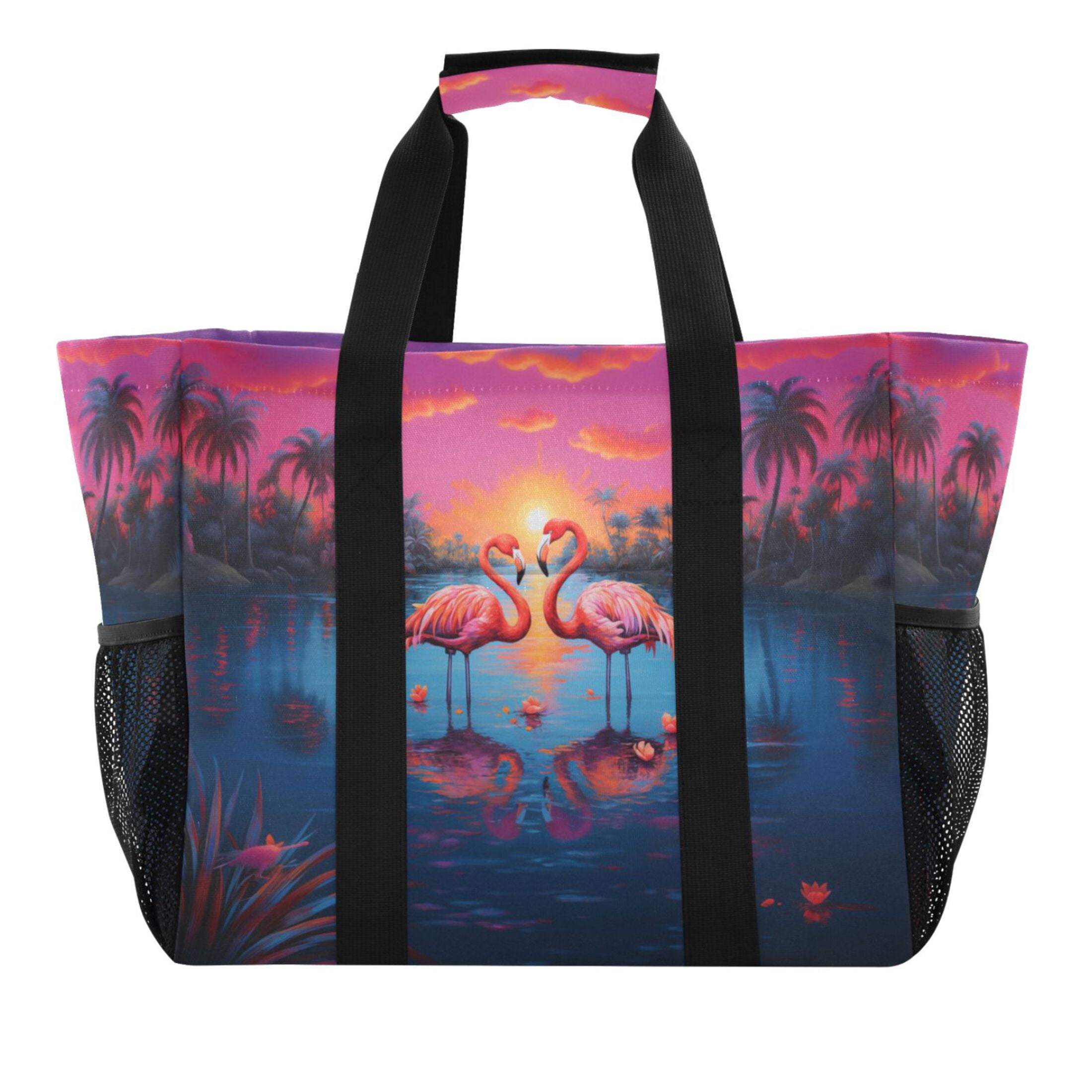 Couple Flamingos with Sunset Reusable Grocery Bags with Handle Side ...