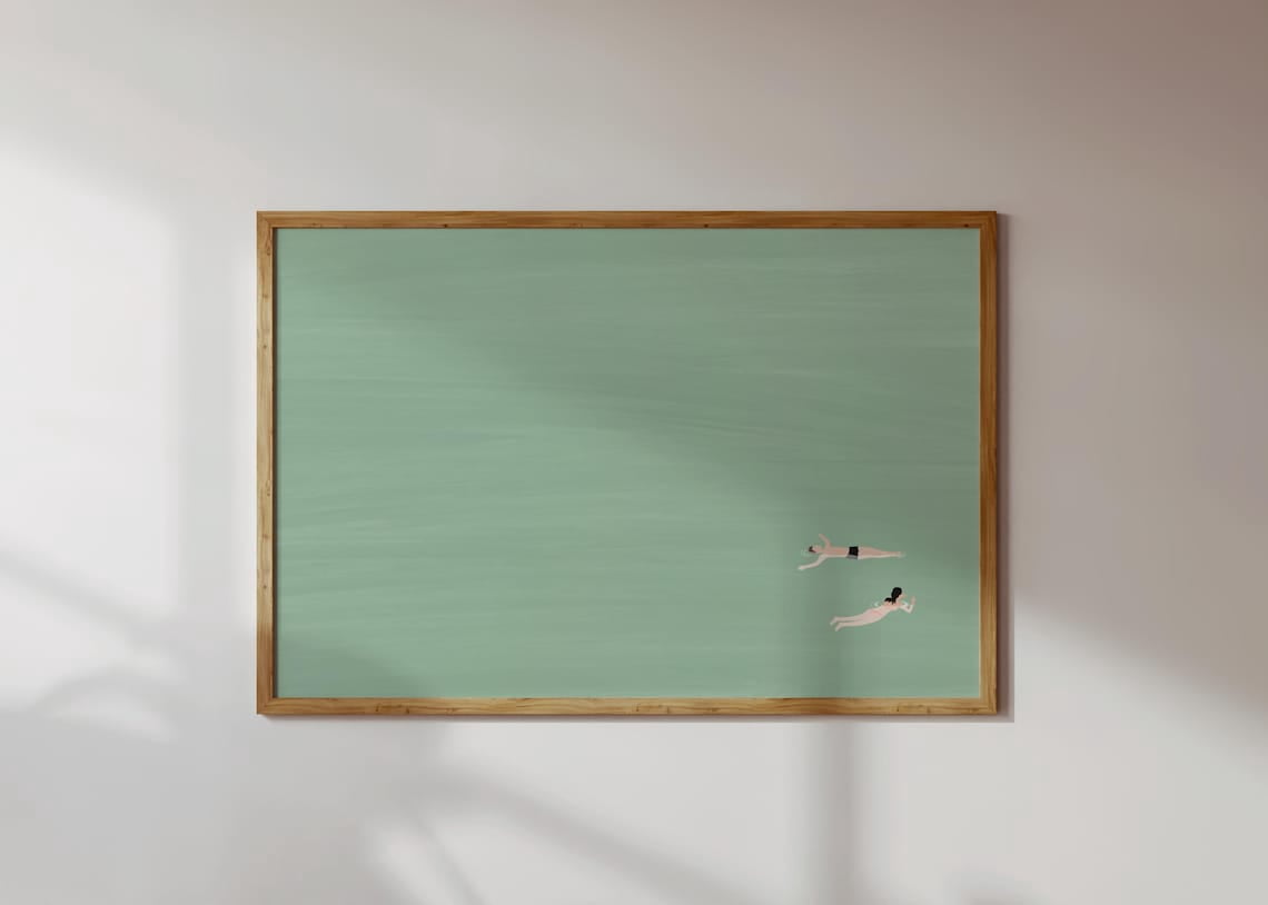 Couple Floating In Pool Horizontal Pale Green Swimming Minimalist Beach ...