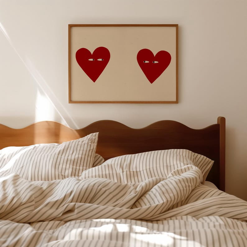Couple Heart Print - Hand Drawn Love Wall Art, Red Bedroom Decor ...