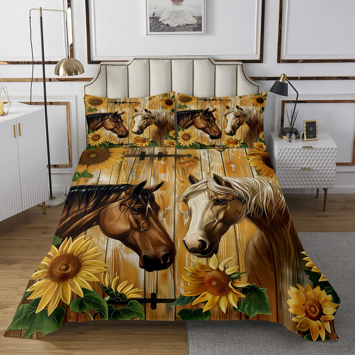 Couple Horse Coverlet Set Queen Rustic Farmhouse Quilt Set Brown White ...