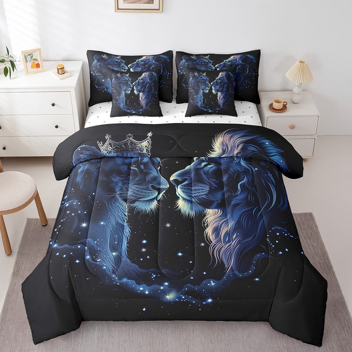 Couple Lion Comforter Set King Crown Lion Wild Animals Bedding Set Blue ...