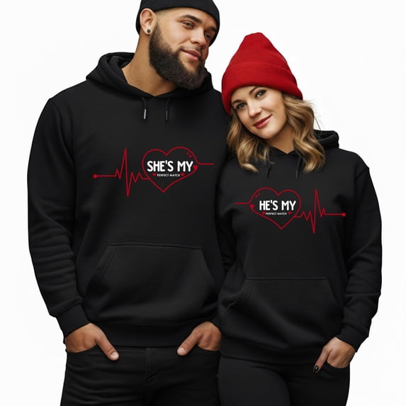 Couple Matching Hoodie Heartbeat Design, He’s My Perfect Match & She’s ...