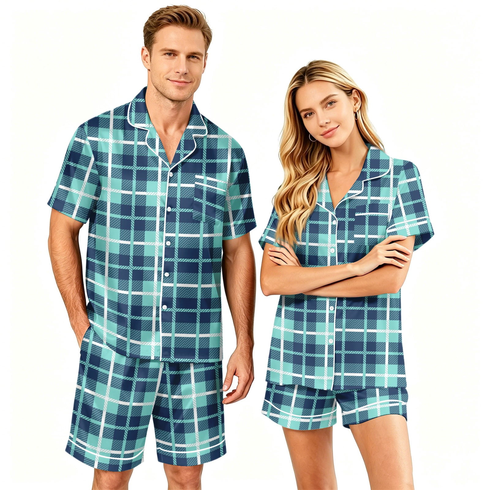 Couple Matching Pajamas Sets Silk Satin Short Sleeve Button Down Pjs ...