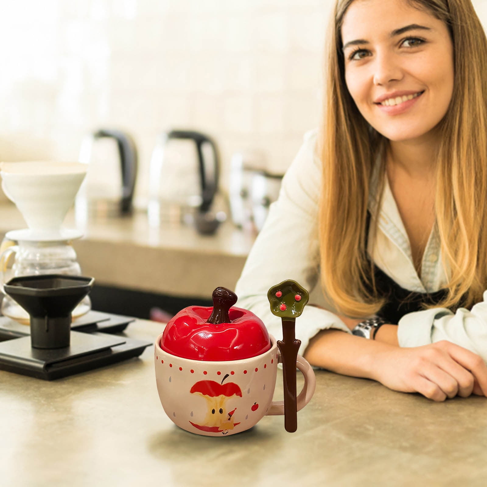 Couple Mugs,Apples Shape Ceramic Mug with Lid Spoon High Appearance ...