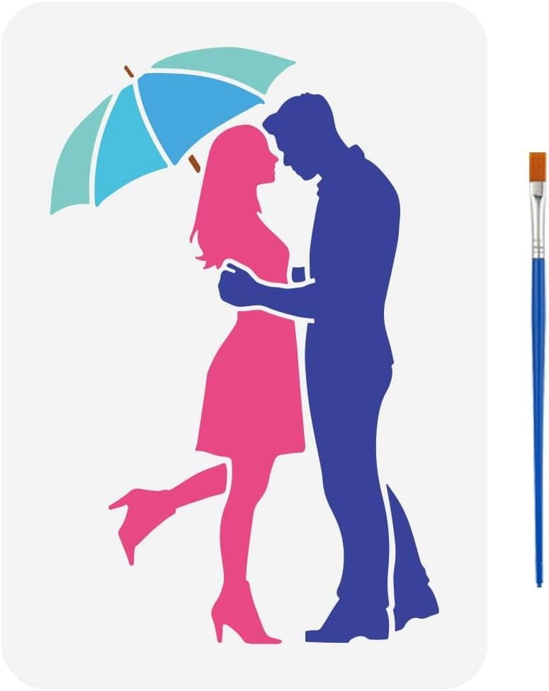 Couple in The Rain Stencil with 1 Pc Plastic Paint Brush 8.3x11.7 inch Couple Hugging Drawing ...