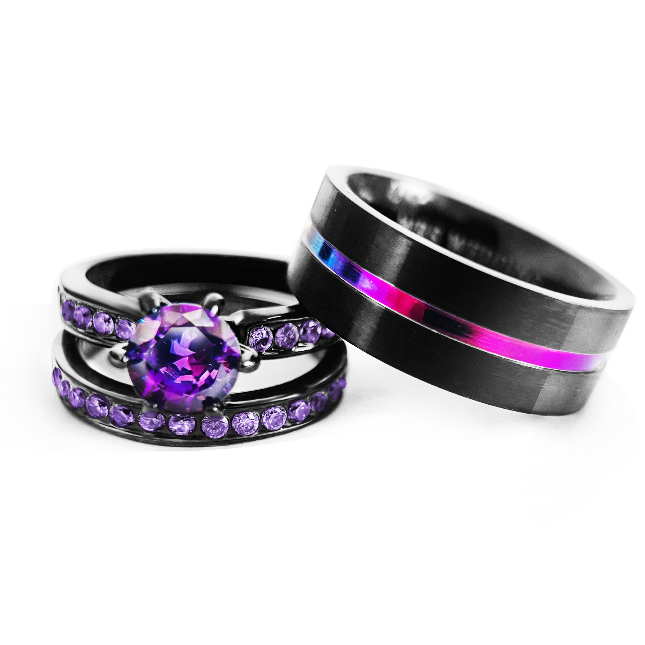 His Hers 3.20 Ct Cz Wedding Ring Set Stainless Steel & Black Plated ...