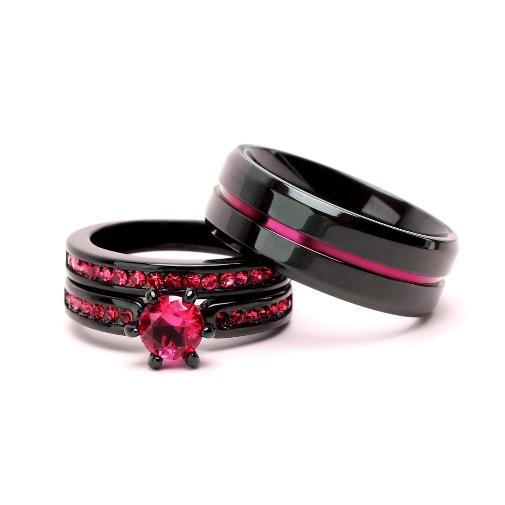 Couple Ring Bridal Set His Hers Black Gold Plated Red Ruby CZ Titanium ...