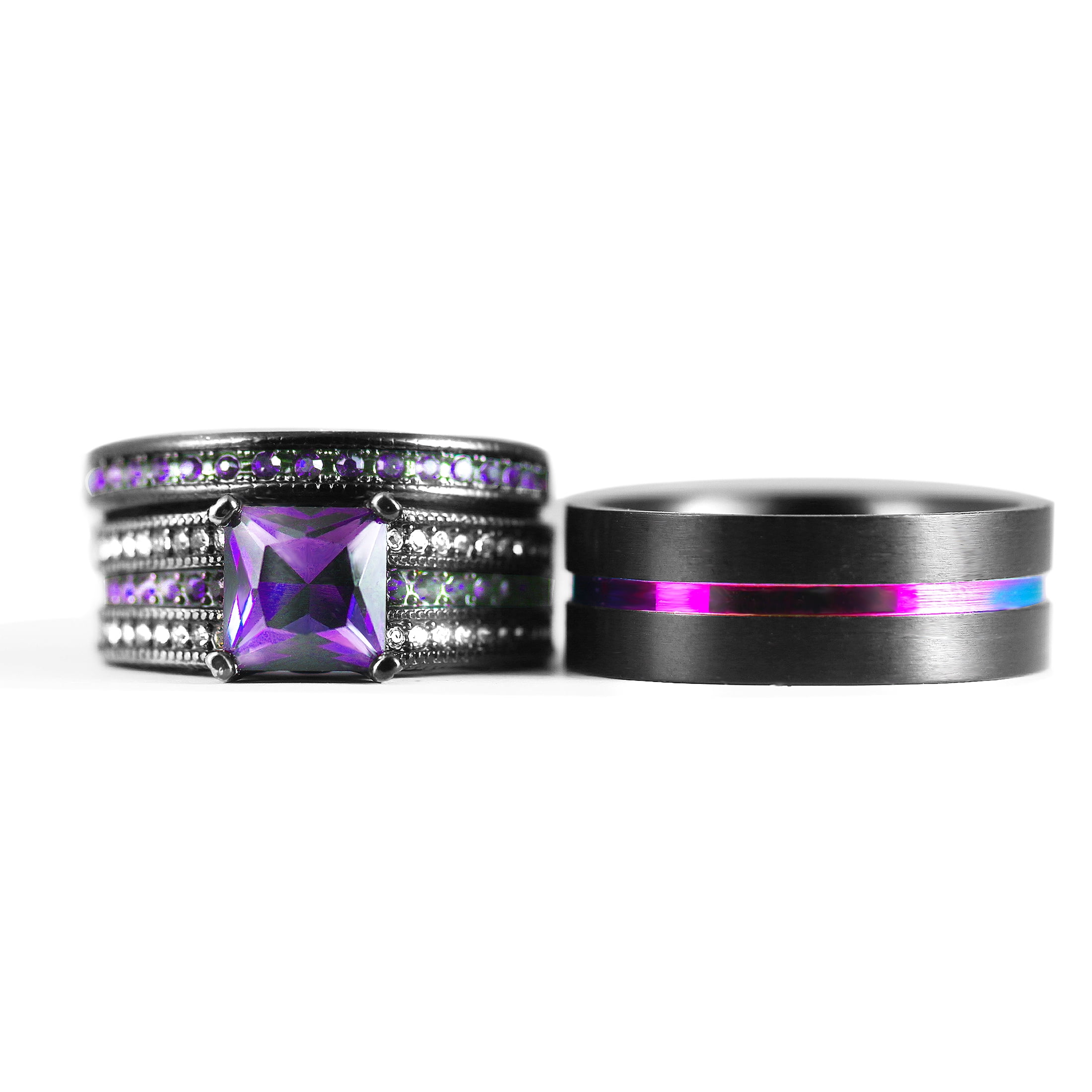 Couple Ring Bridal Set His Hers Black Gold Plated Violet Sapphire ...