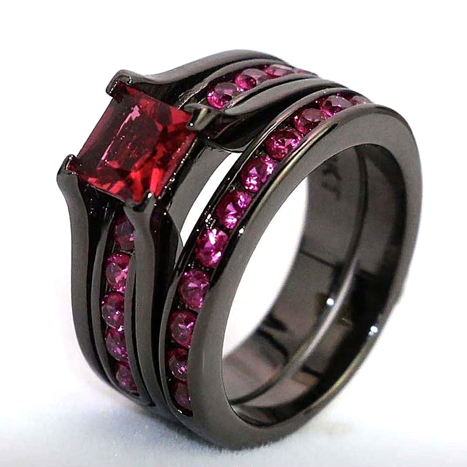 Couple Ring Wood Grain Titanium Steel Heart Three Layer Ring Ring Set ...