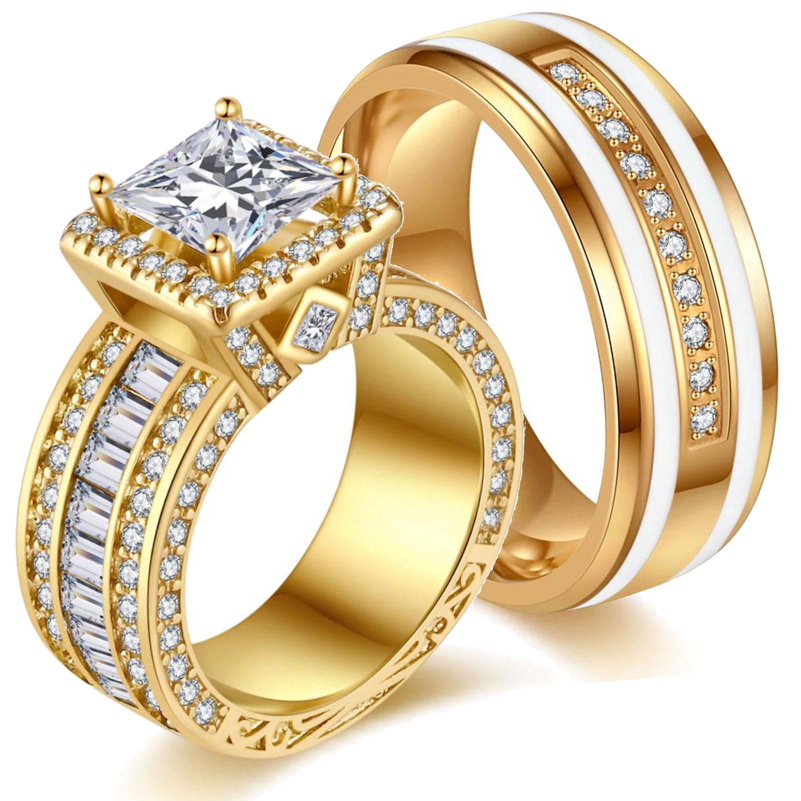 Couple Rings His Her Wedding Ring for Him and Her Matching Rings Yellow Gold Plated 1.5CT AAA CZ ...