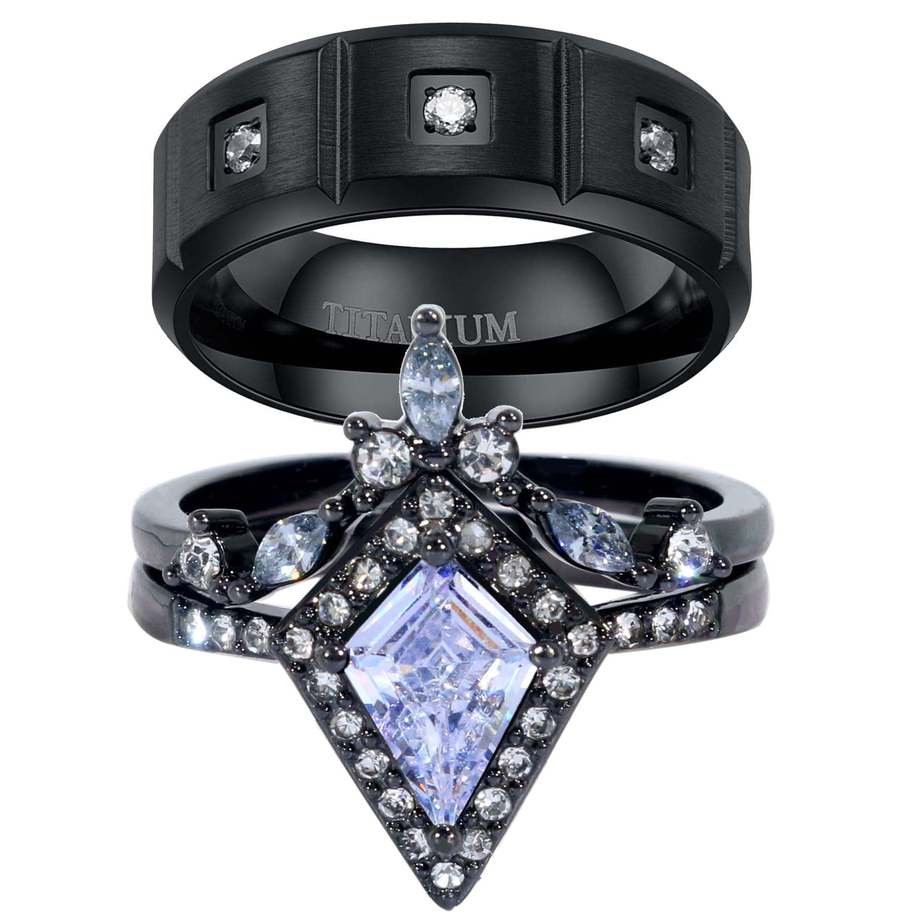 Couple Rings Matching Rings Black Plated 1.5CT AAA CZ 2pcs Women ...