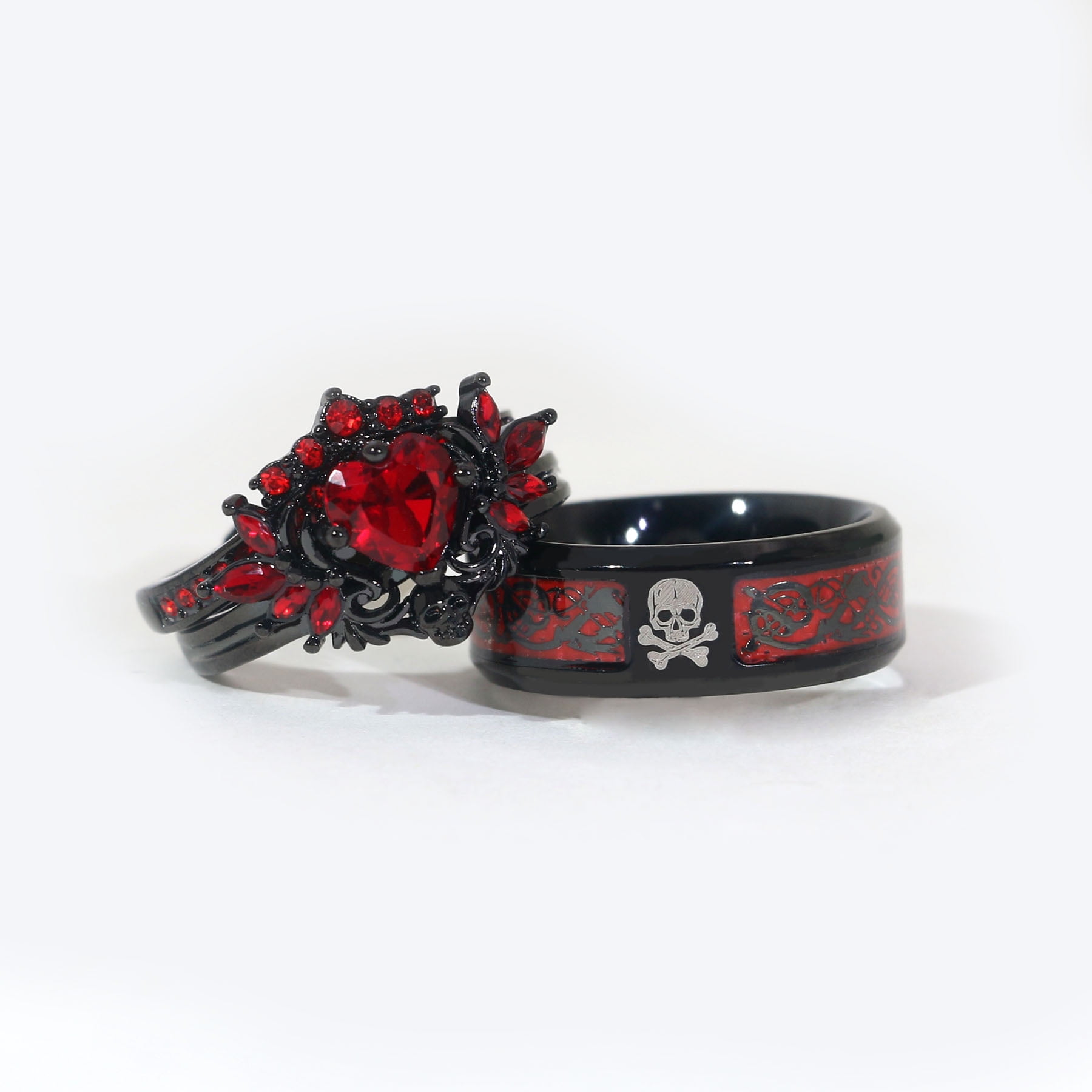 Couple Rings Matching Rings Black Wings Skull Ring 1.5ct Red CZ Womens ...