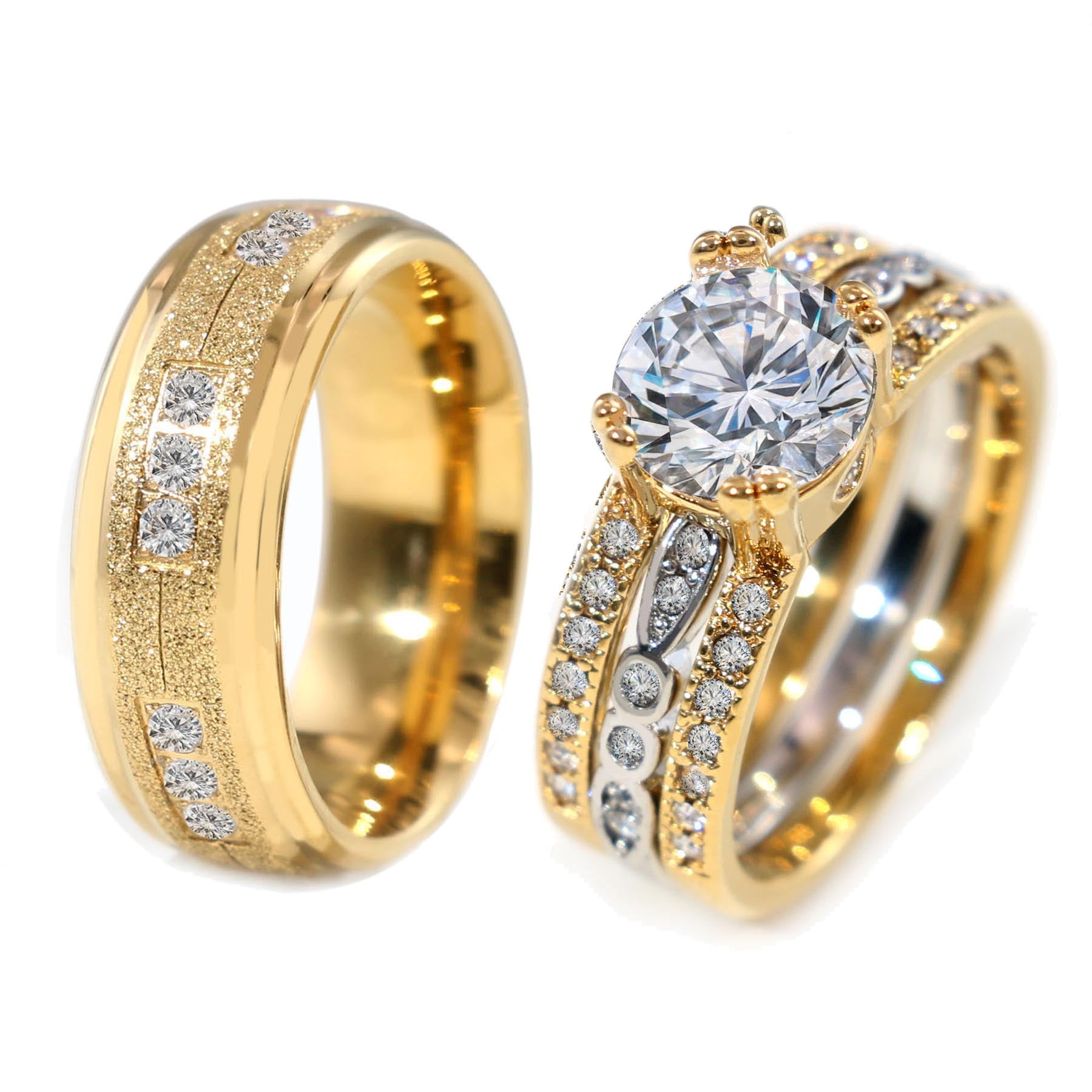 Couple Rings Matching Rings Yellow Gold Plated 1.5CT AAA CZ 2pcs Women Wedding Ring Sets for Him ...