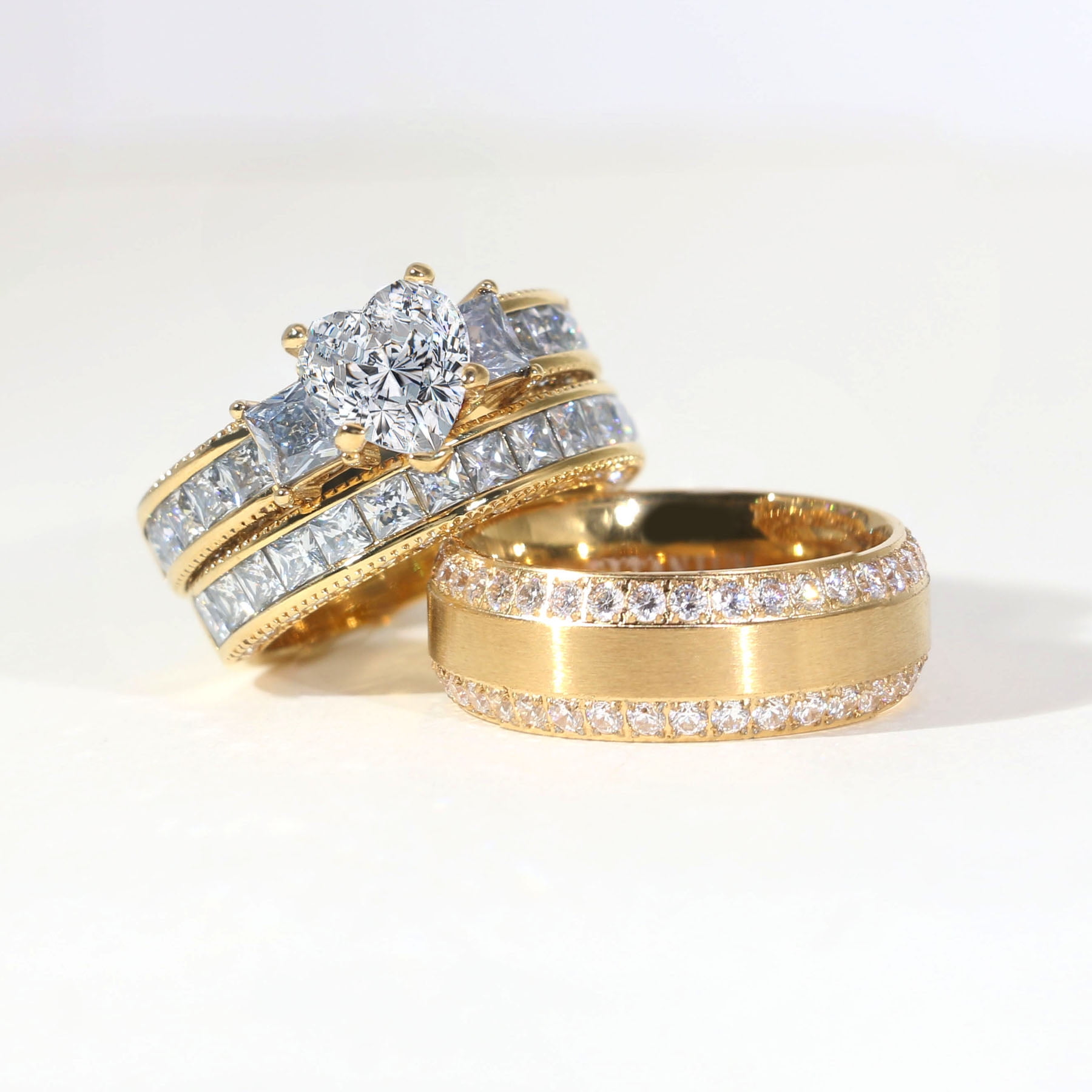 Couple Rings Matching Rings Yellow Gold Plated 1.5CT Heart AAA CZ Women Wedding Ring Sets for ...