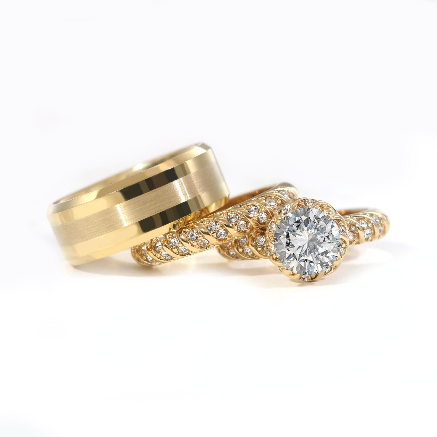 Couple Rings Matching Rings Yellow Gold Plated 1.5CT Round AAA CZ Women Wedding Ring Sets for ...