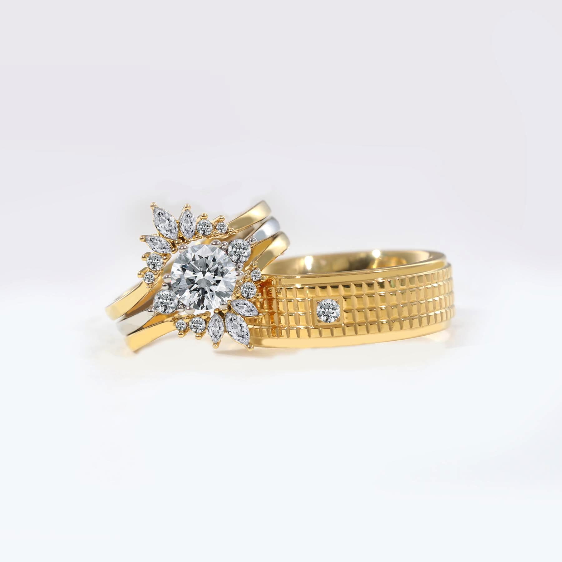 Couple Rings Matching Rings Yellow Gold Plated 1.5CT Round AAA CZ Women Wedding Ring Sets for ...