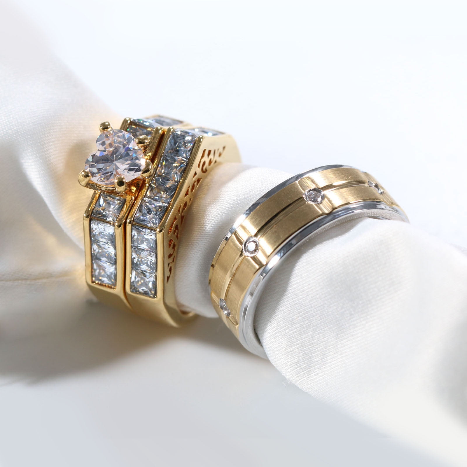 Couple Rings Matching Rings Yellow Gold Plated 1CT Heart AAA CZ Women ...