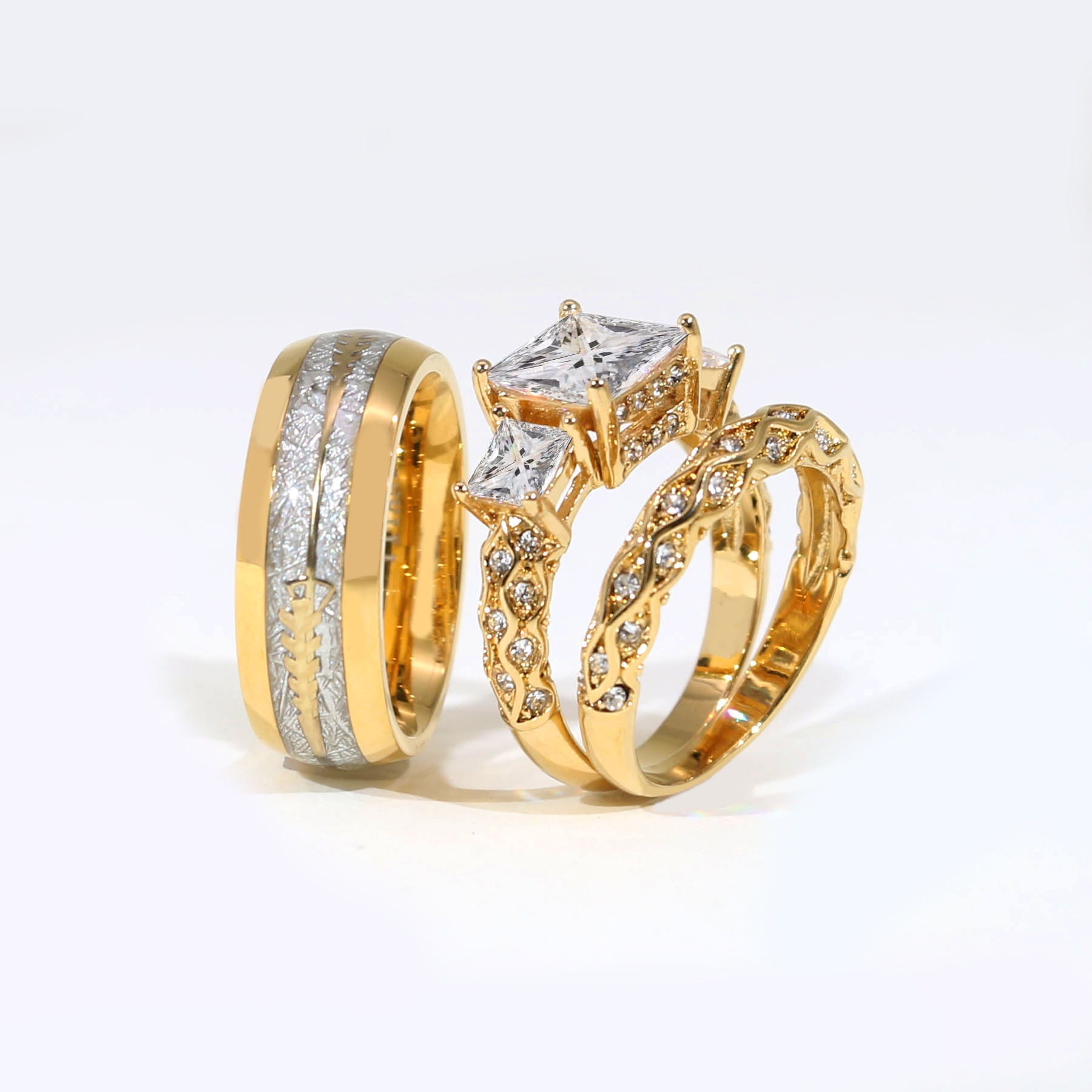 Couple Rings Matching Rings Yellow Gold Plated 2CT AAA CZ Three stone Women Wedding Ring Sets ...