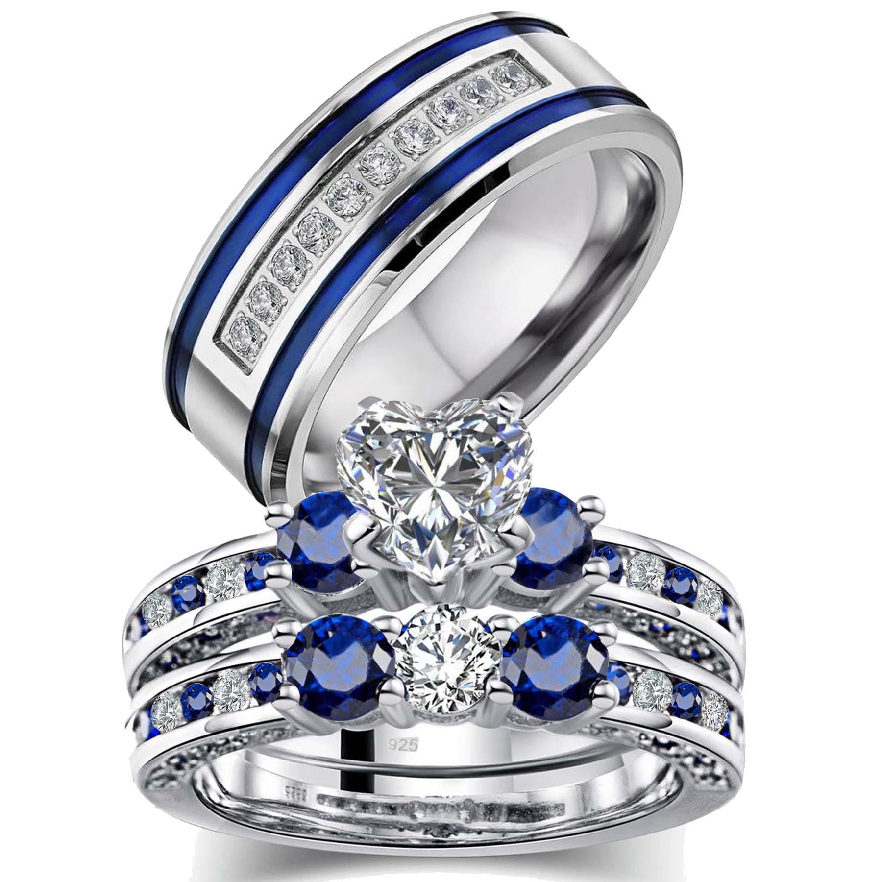 Couple Rings White Gold Plated 925 Sterling Silver Ring 1CT Heart CZ ...