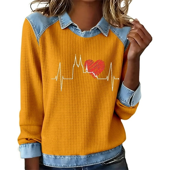 Couple Shirts Valentine'S Day Denim Collar Patchwork Long Sleeve Loose ...