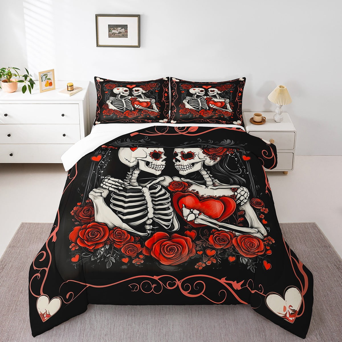 Couple Skull Comforter Set King Size,Gothic Skull Red Roses Bedding Set ...
