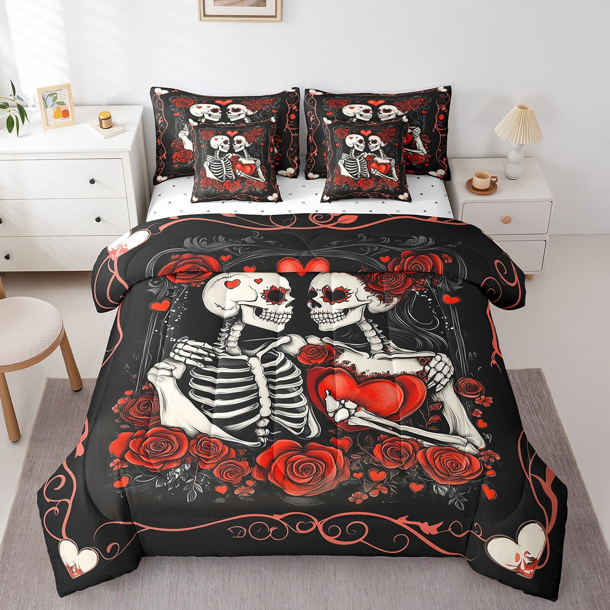Couple Skull Full Comforter Set 7 Piece,Gothic Skull Red Roses Bedding ...