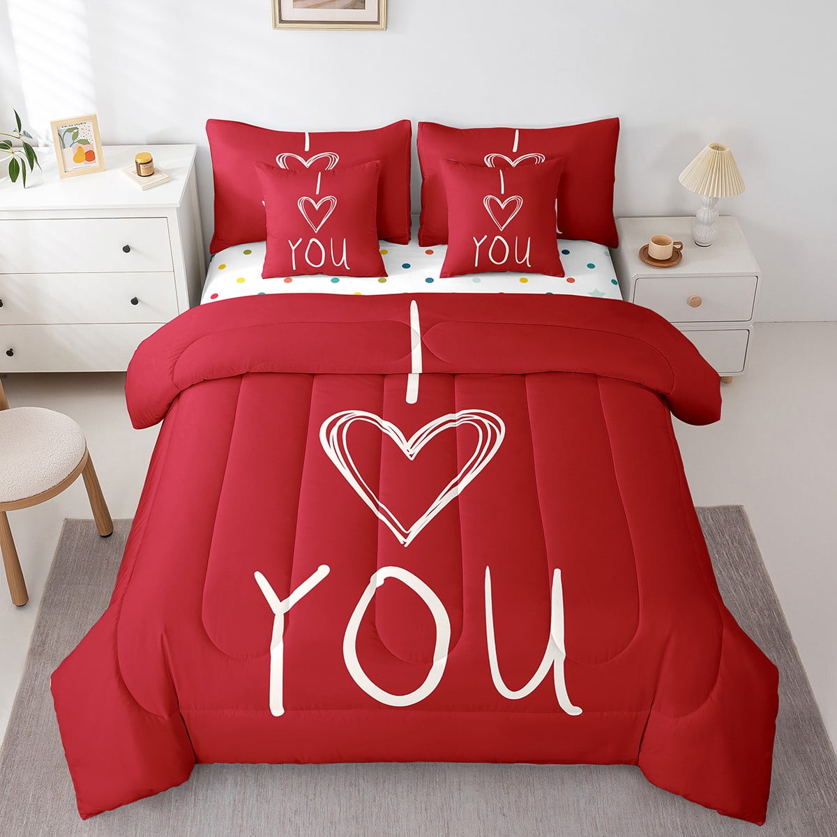 Couple Valentine 7 Pcs Comforter Set Queen Bed in a Bag,Red White ...