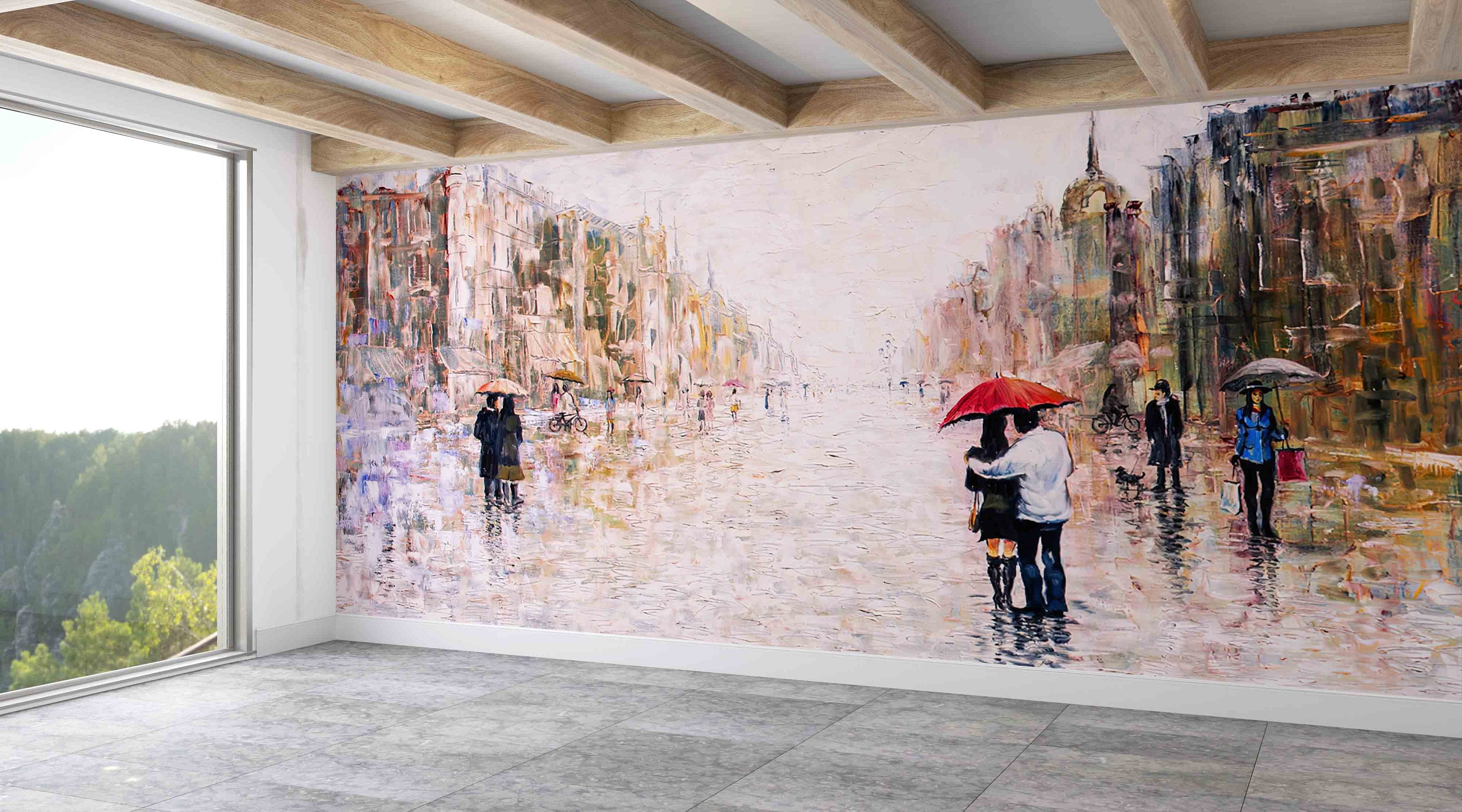 Couple With Red Umbrella, Modern Wallpaper, Lovers Wall Art, Paper Wall ...
