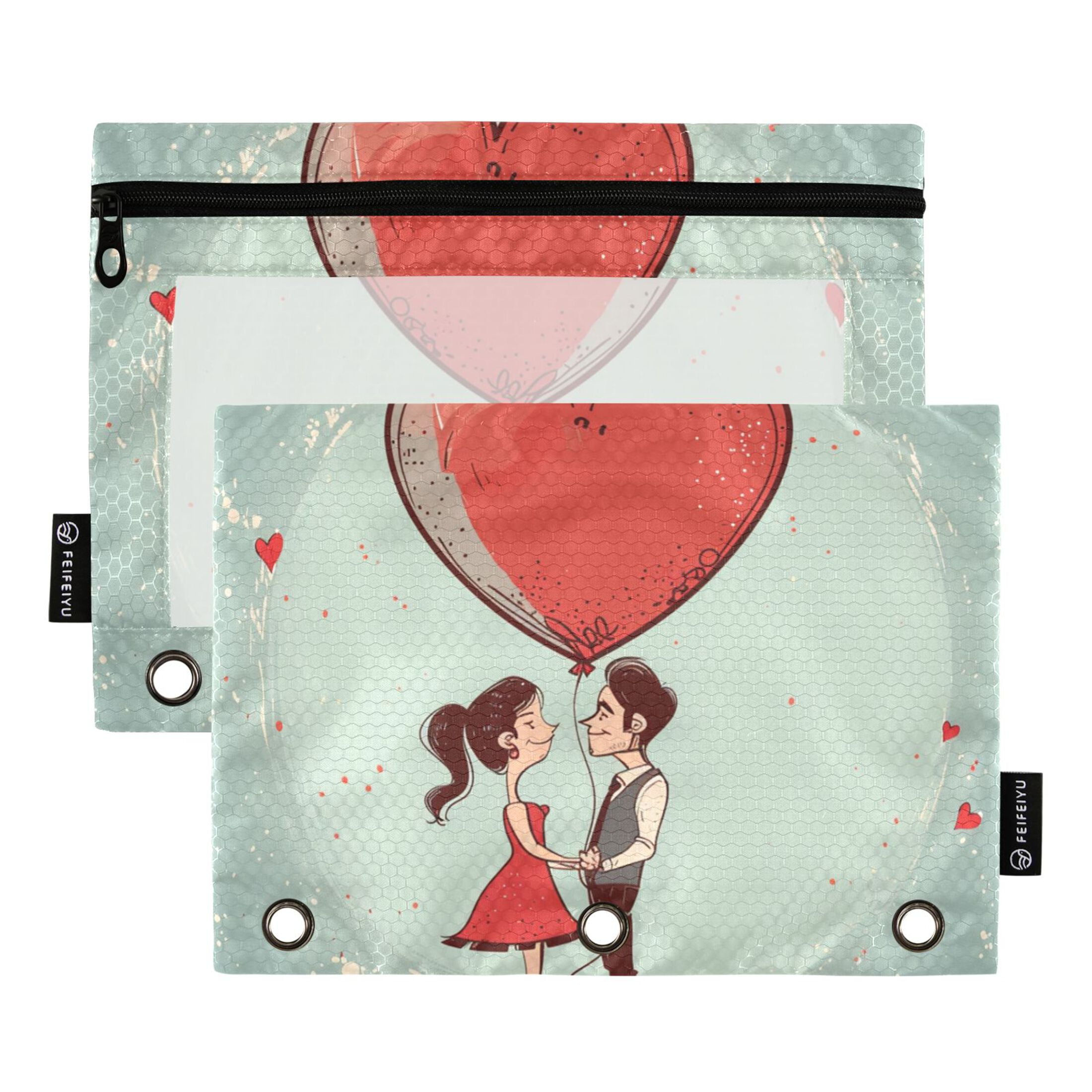 Couple and Heart Ballon Valentine Binder Pouches Zipper Pocket Document ...