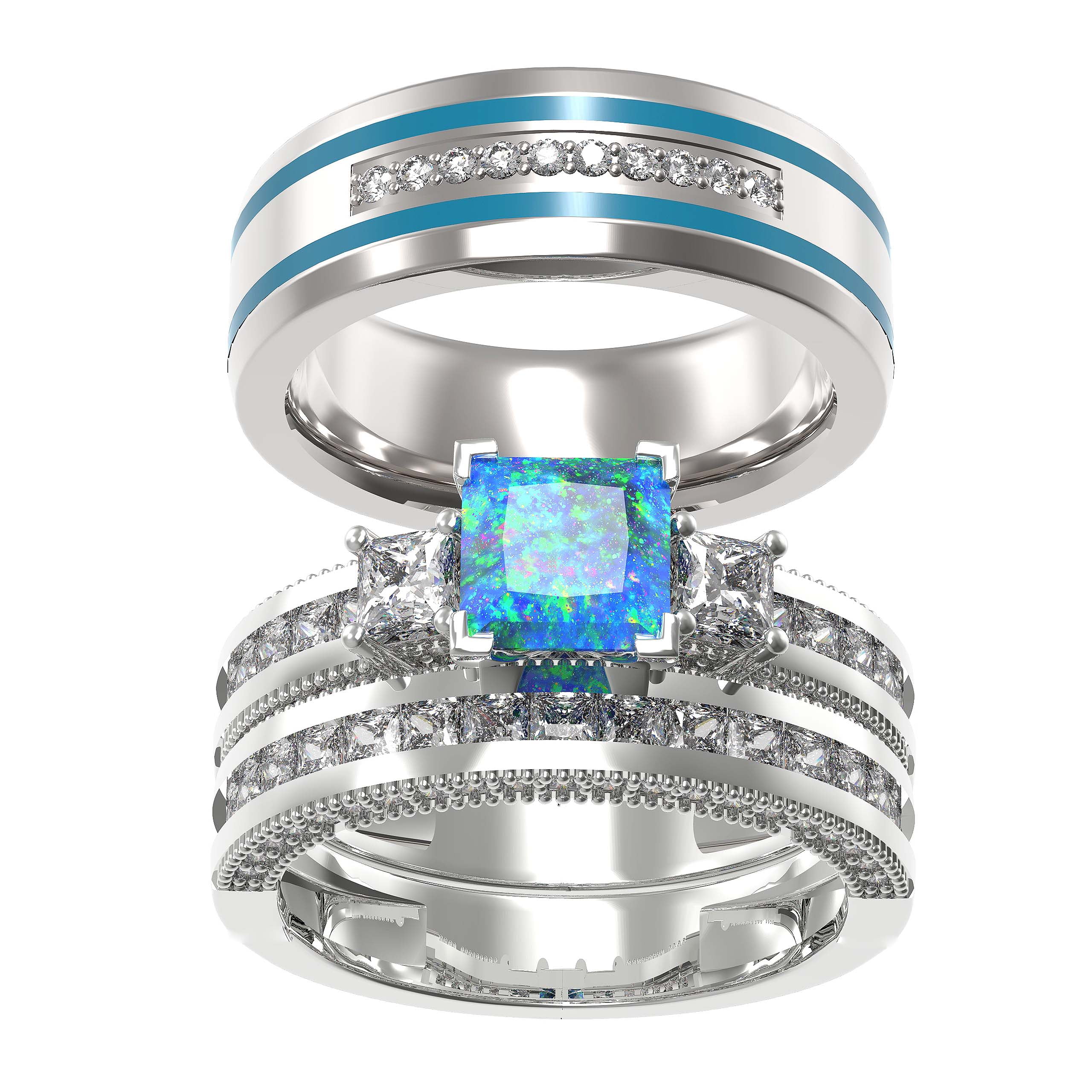 Couple rings Wedding Ring Set Women Square cut opal Engagement Ring in ...