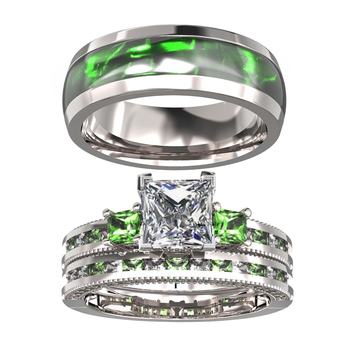 Couple rings Wedding Ring Set Women Square cut opal Engagement Ring in ...