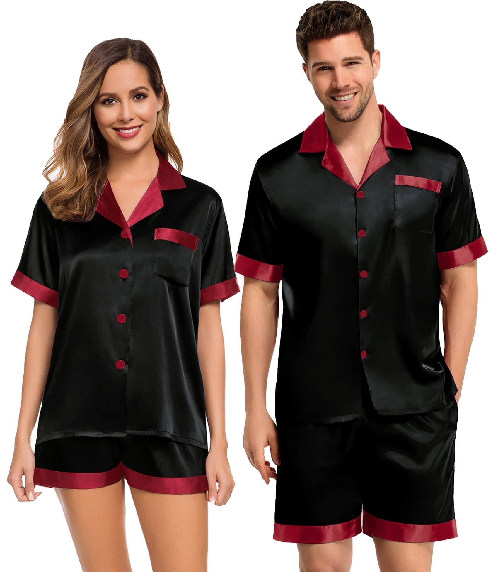 Couples Pajama Set Women & Men Silk Satin Short Sleeve Set Top and ...