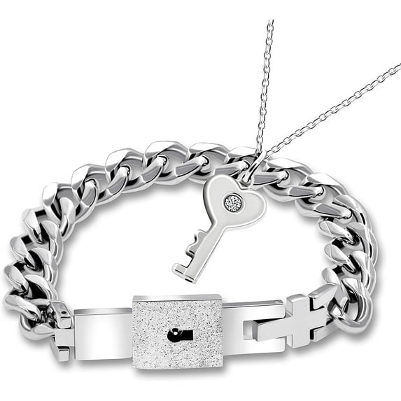 Couples Steel Key Pendant Necklace & Lock Bangle Bracelet Set - Perfect ...
