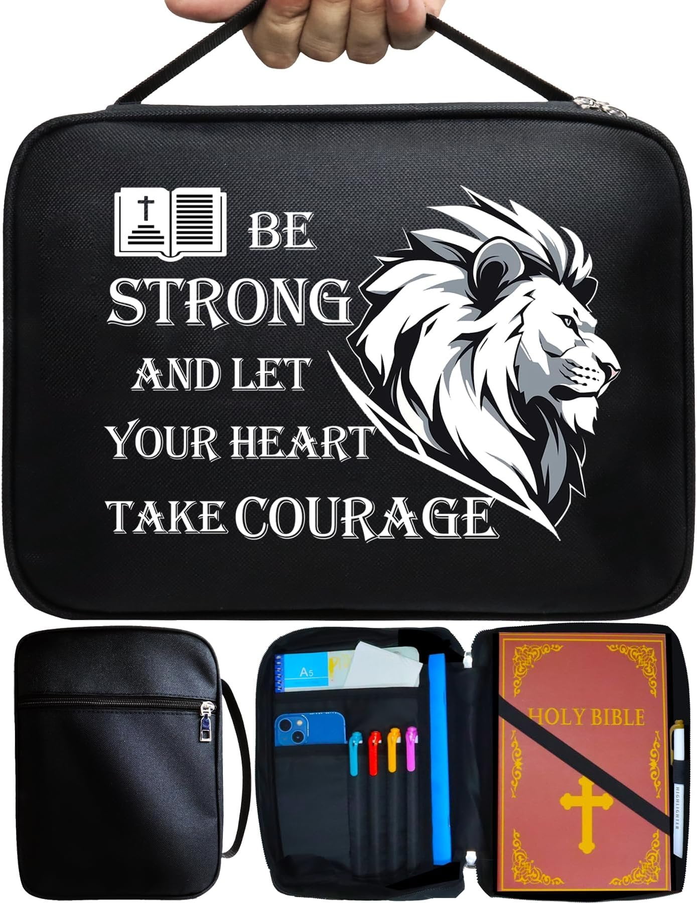 Courage Lion Case, Practical Black Cover Case with Handle, Pockets, Pen ...