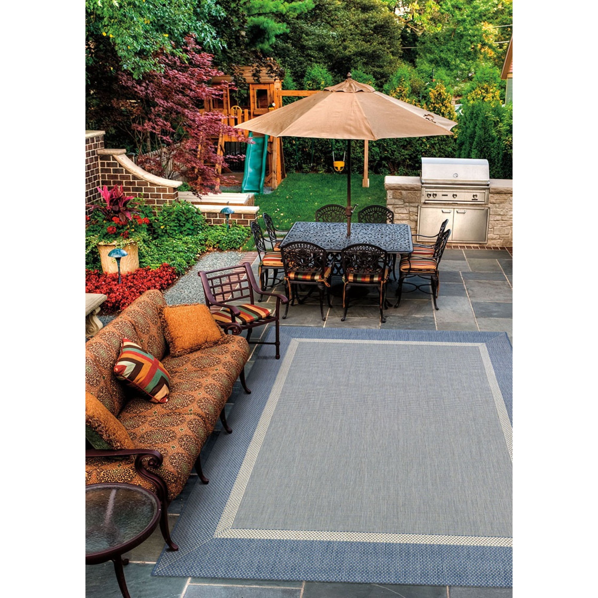 Couristan 2' x 3.75' Bordered Indoor Outdoor Area Throw Rug - Blue and ...