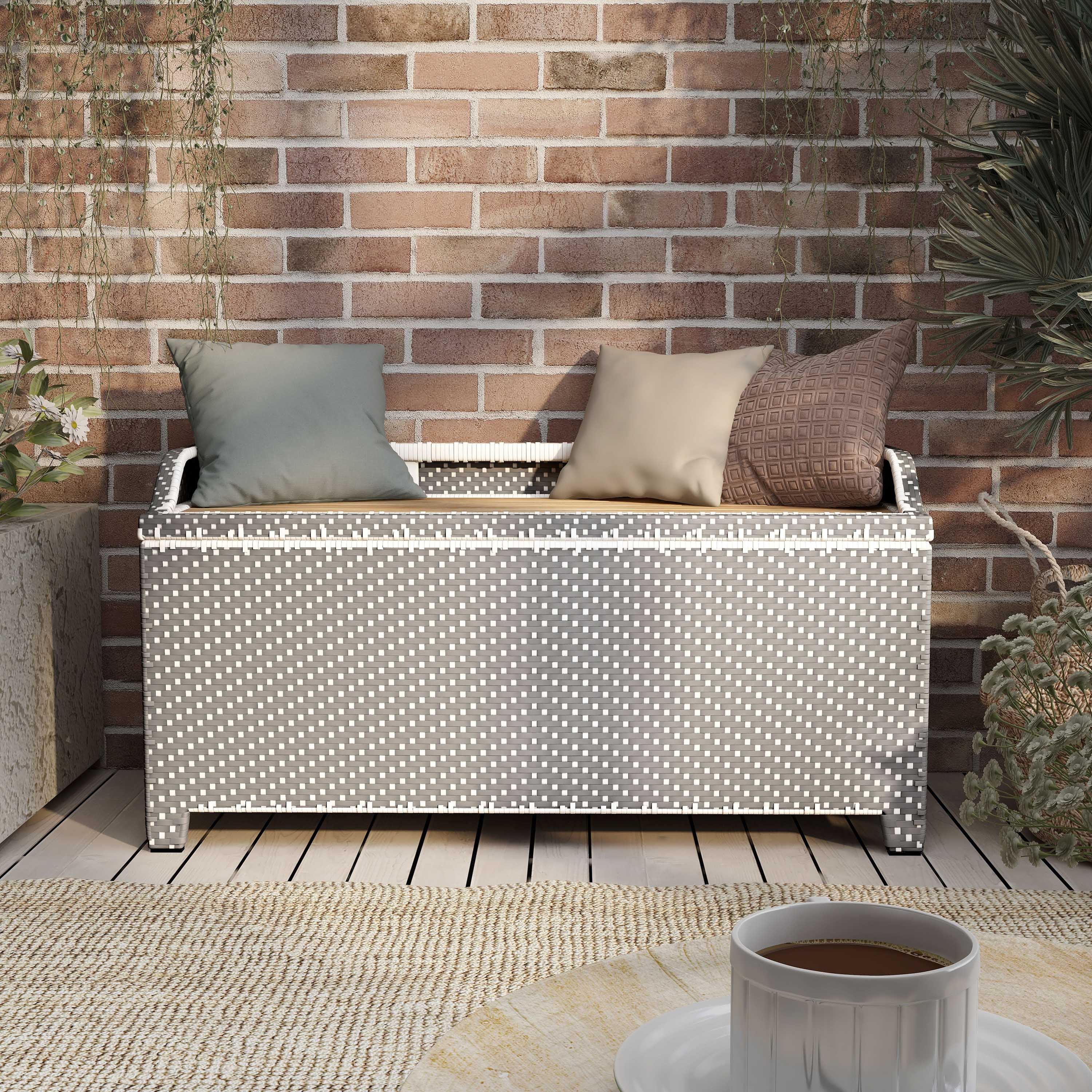 Courtnie Aluminum and PE Wicker Outdoor Storage Bench, Gray and White ...