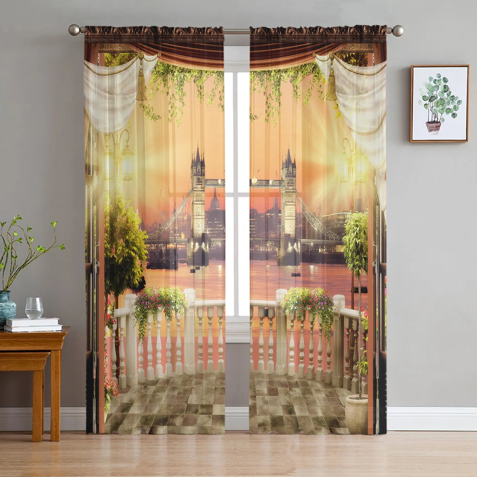 Courtyard City Night View Modern Tulle Curtains for Living Room Bedroom ...