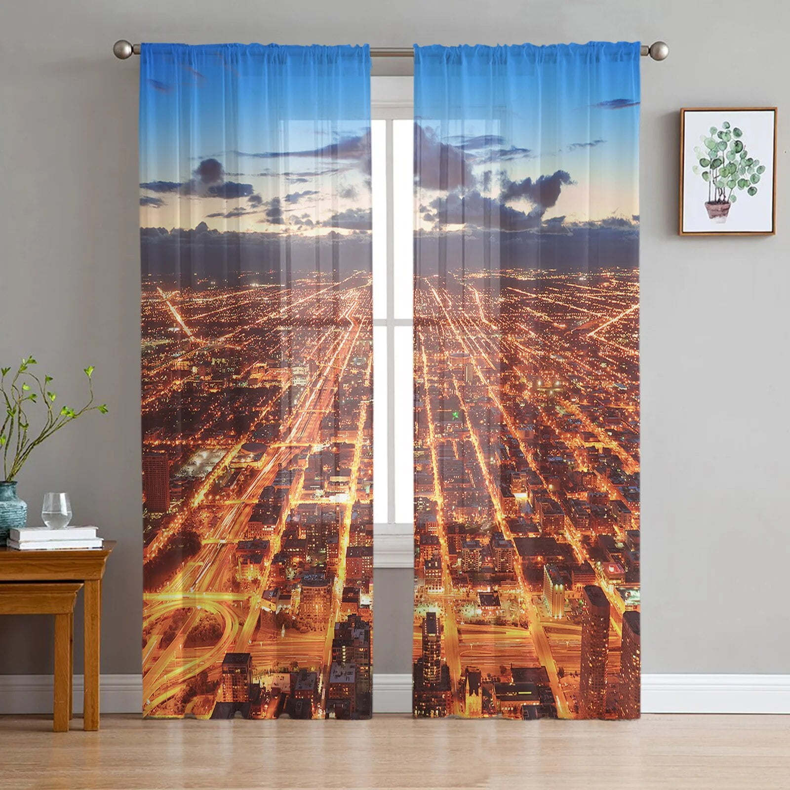 Courtyard City Night View Tulle Curtains for Living Room Bedroom Decor ...